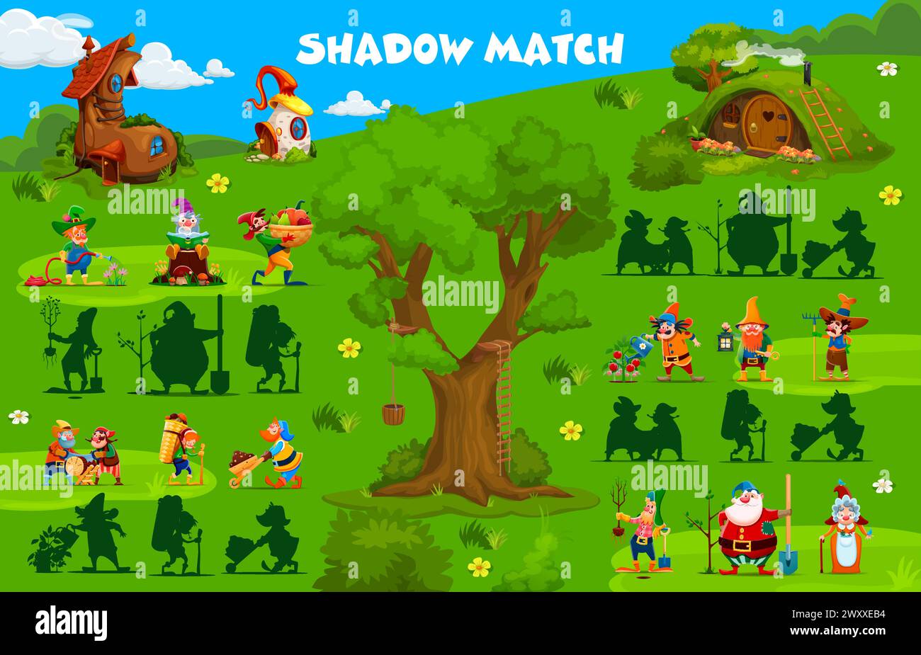 Shadow match game with cartoon garden gnome and dwarf characters ...