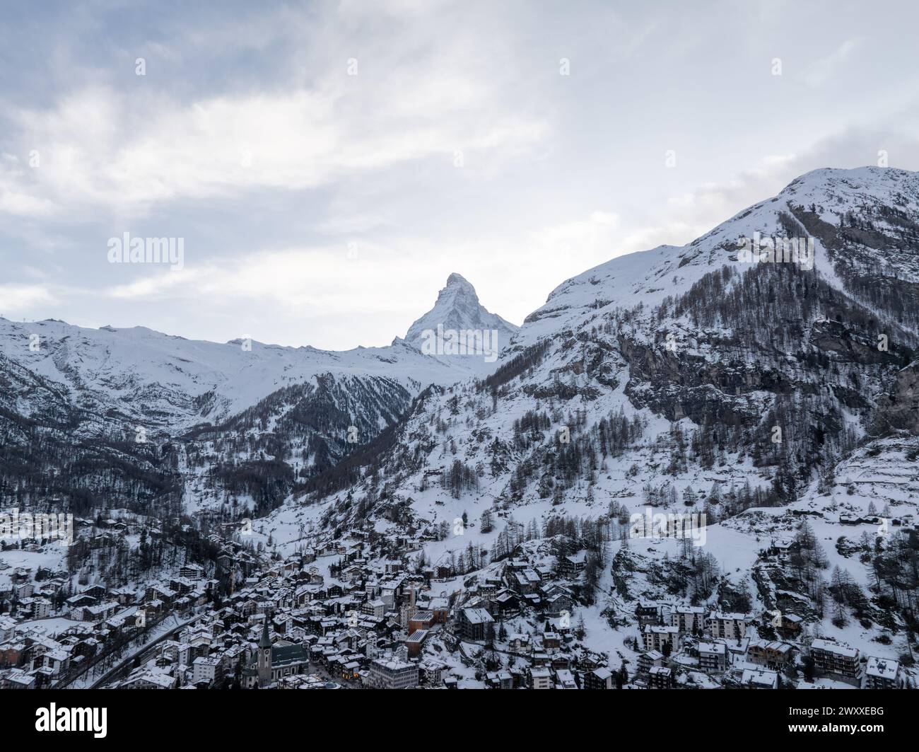 Aerial View of Zermatt, Switzerland with Snowy Matterhorn in Winter ...