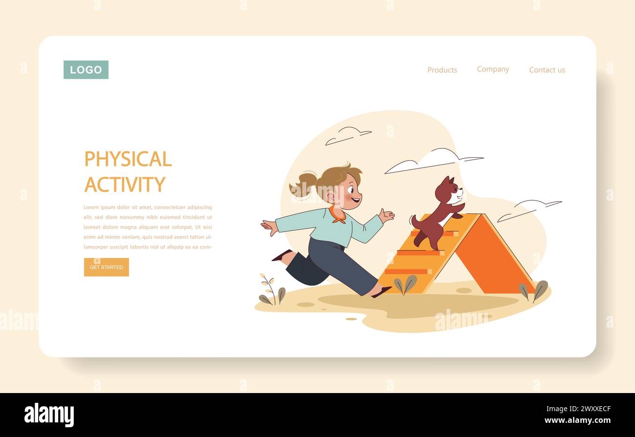Physical Activity web or landing. Joyful child and dog engage in ...