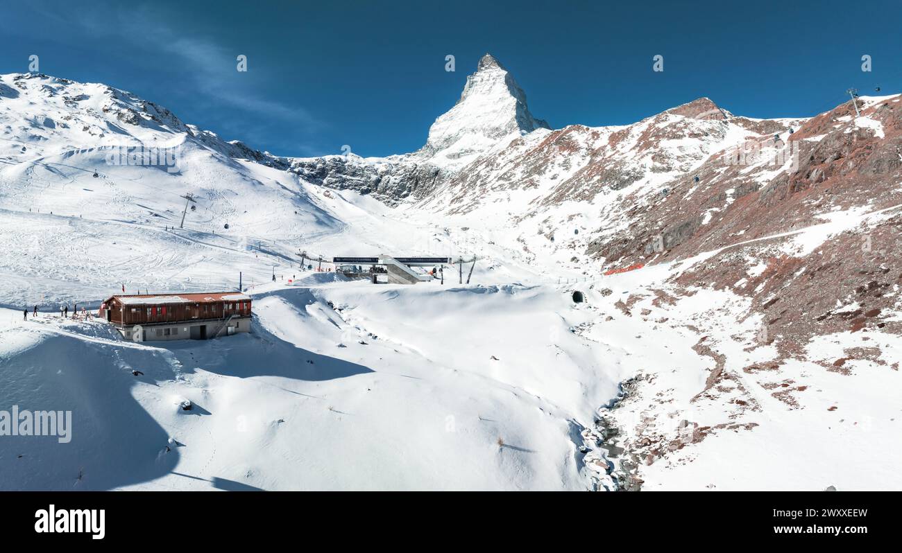Aerial View of Zermatt Ski Resort and Matterhorn, Swiss Alps with Red ...
