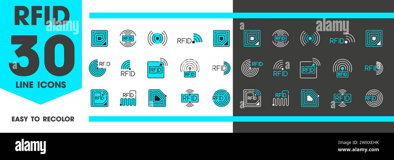 RFID icons of radio frequency identification tags in digital technology ...