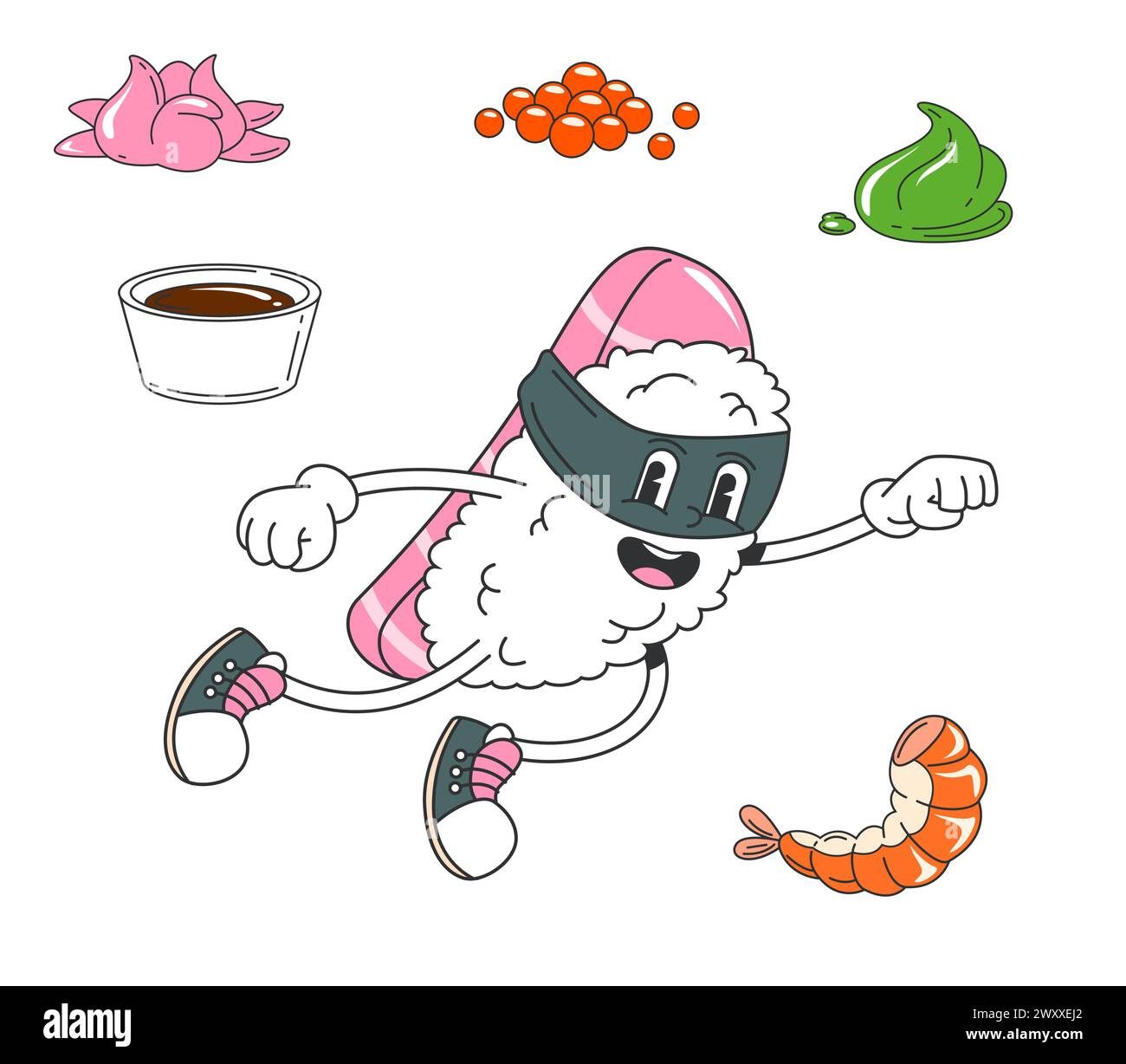 Retro cartoon groovy sushi superhero character with rice body, seaweed ...