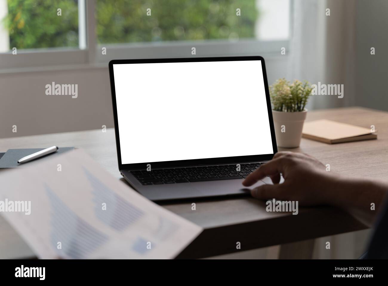 young man working Businessman using a desktop computer of the blank ...
