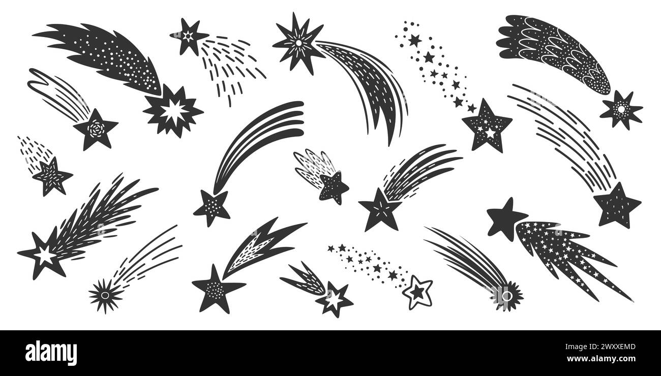 Doodle shooting space stars with trails, falling galaxy comets and ...