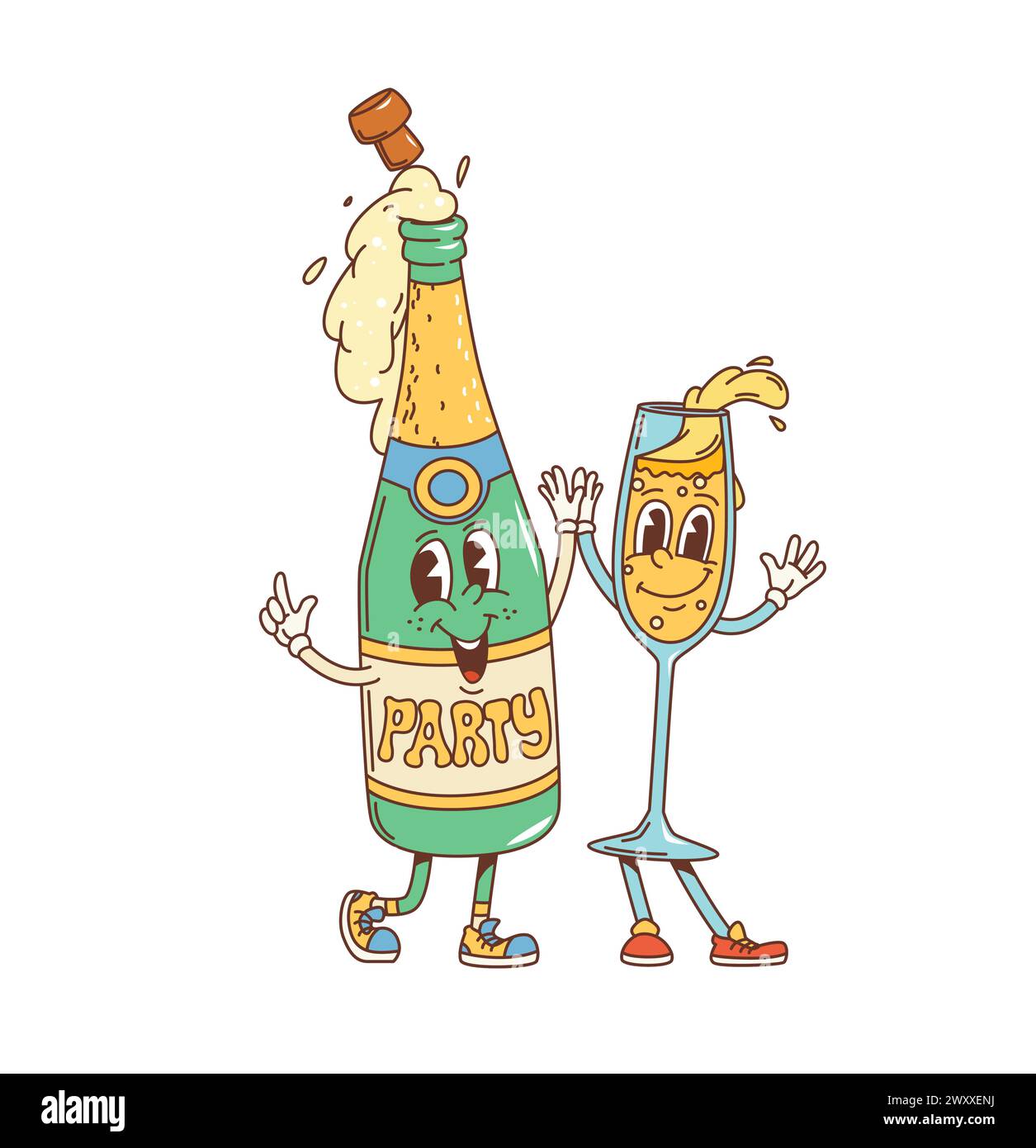 Retro cartoon groovy champagne characters celebrate party. Isolated ...