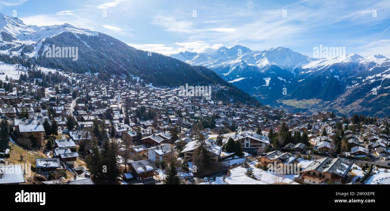 Aerial View of Verbier, Swiss Alps Snow Dusted Landscape and Chalets ...