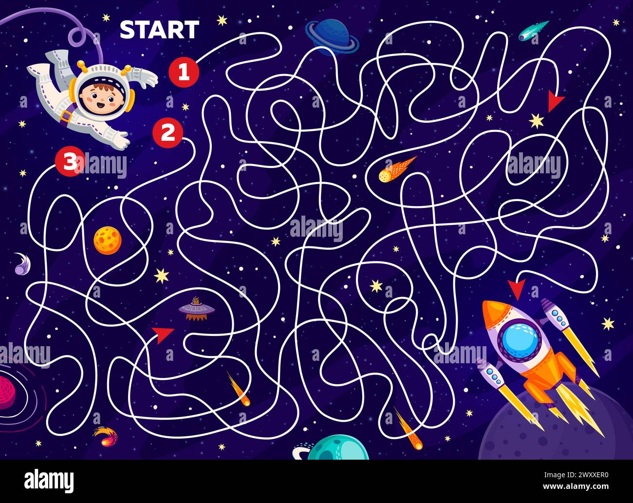 Kids space labyrinth maze game quiz with kid astronaut finding path to ...
