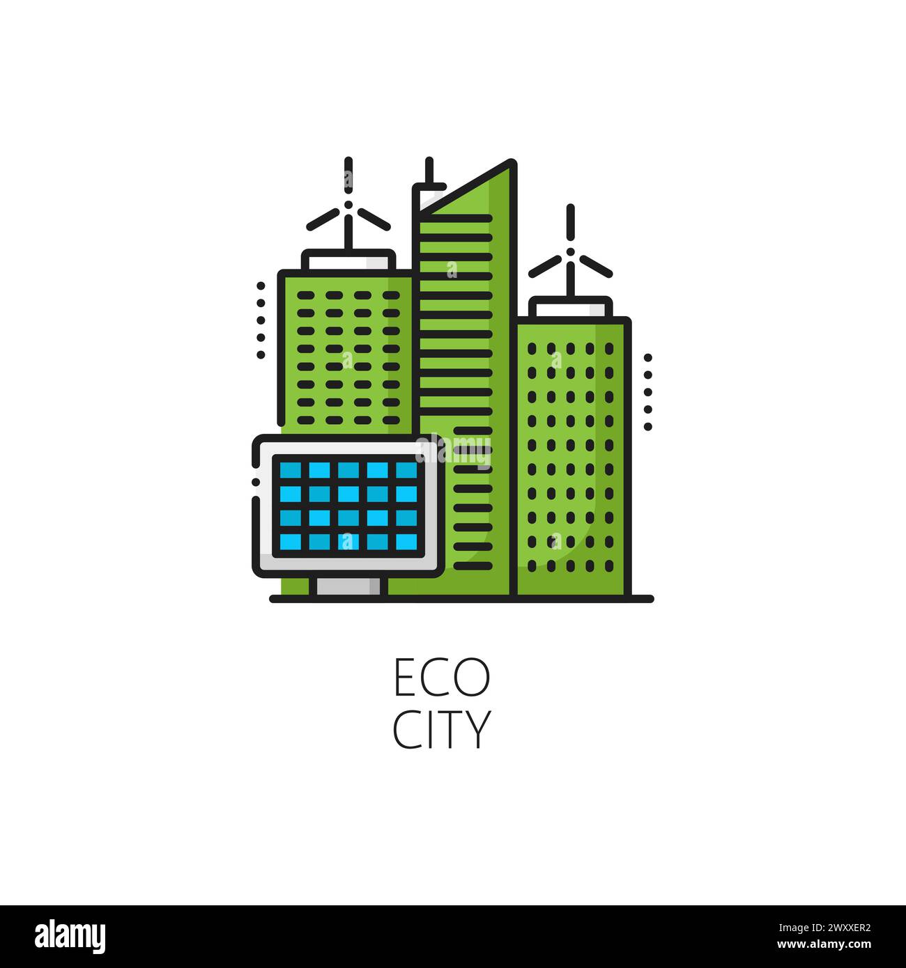 Clean power, eco city, green energy linear icon. Green power, renewable ...
