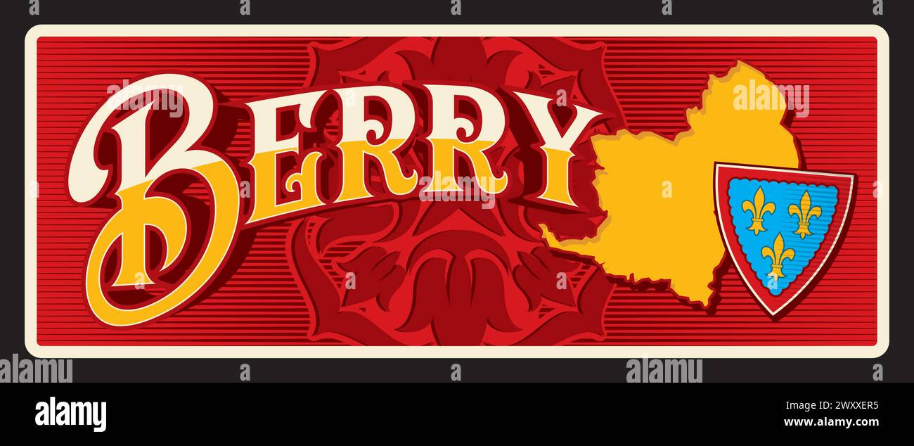 Berry french region, France retro travel plate or sticker, vector tin ...