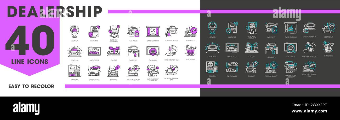 Dealership line icons, showroom and insurance, diagnostic and service ...