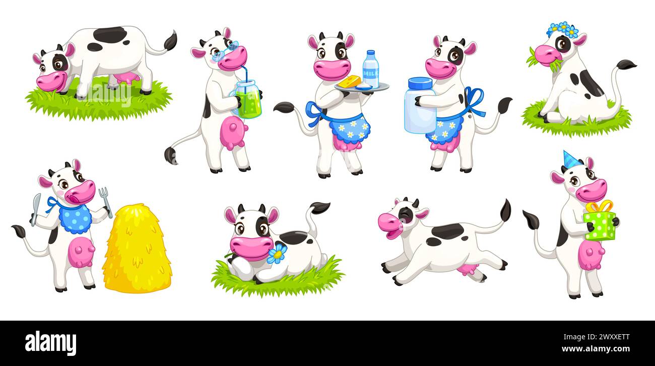 Cartoon cute cow characters, isolated vector set of kawaii farm animal ...