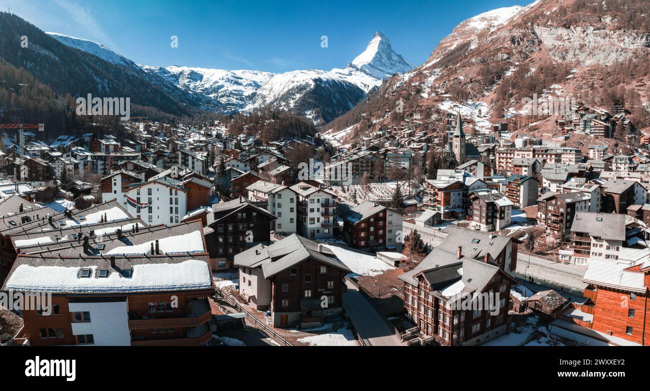 Aerial View of Zermatt, Switzerland with Matterhorn Peak in Winter ...