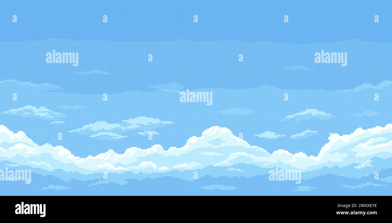 8bit pixel blue sky background with clouds, cloudy game landscape background. Vector heaven ...