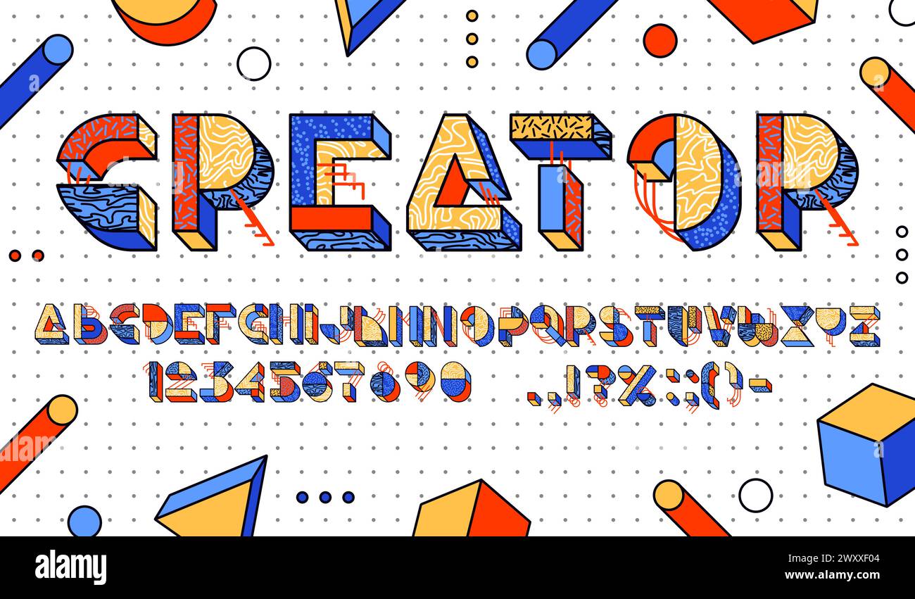 3D block font, memphis type of geometric 90s typeface script, vector ... 3D block font, memphis type of geometric 90s typeface script, vector ...