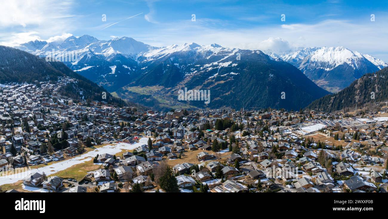 Aerial Panorama of Verbier, Switzerland Alpine Town in Season ...
