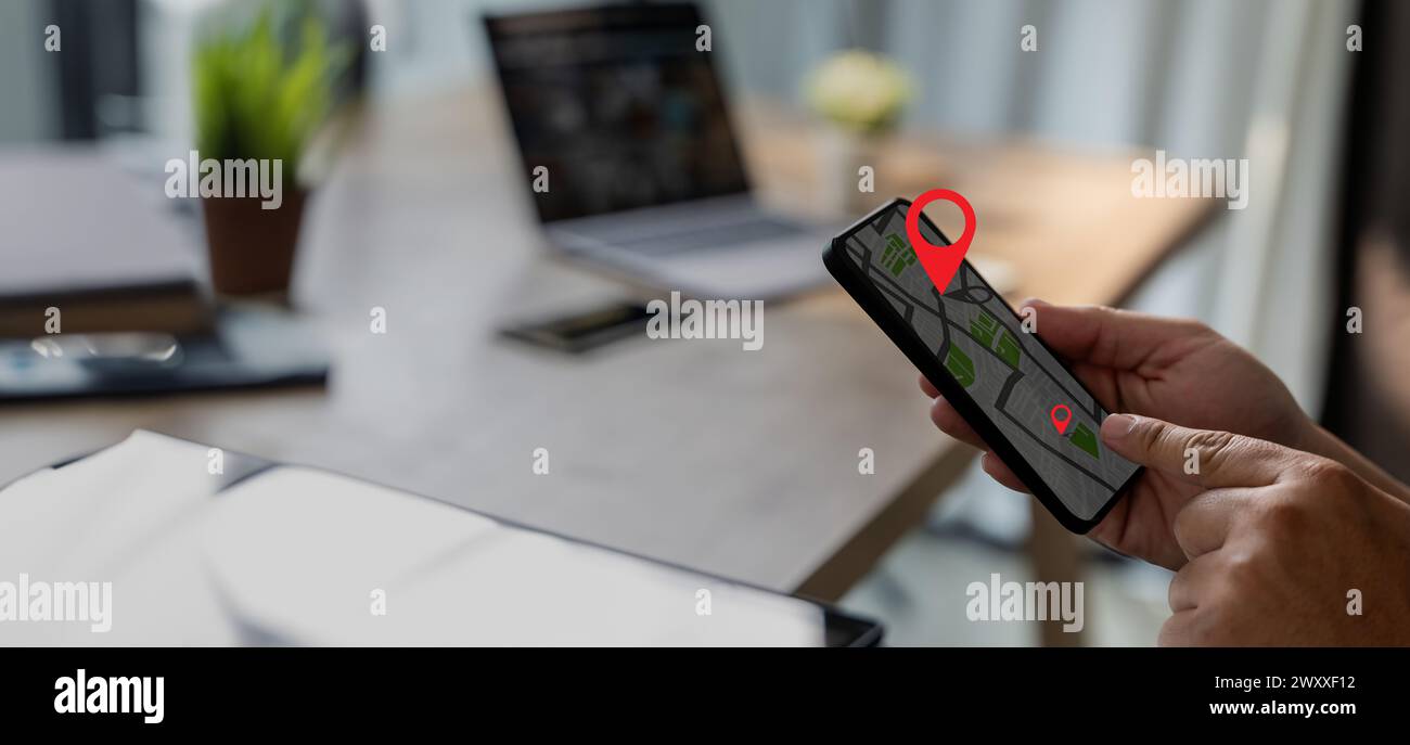 Close-up on phone the GPS the navigator in office to coffee shop Street ...