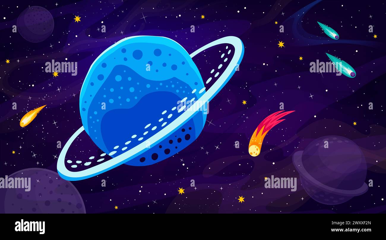 Blue space planet with rings in galaxy landscape, cartoon vector ...
