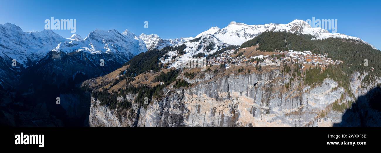 Aerial View of Murren, Switzerland Chalets and Alps Against Blue Sky ...