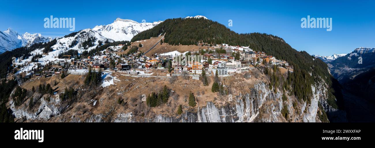 Aerial View of Murren, Switzerland Alpine Village and Snow Capped Peaks ...