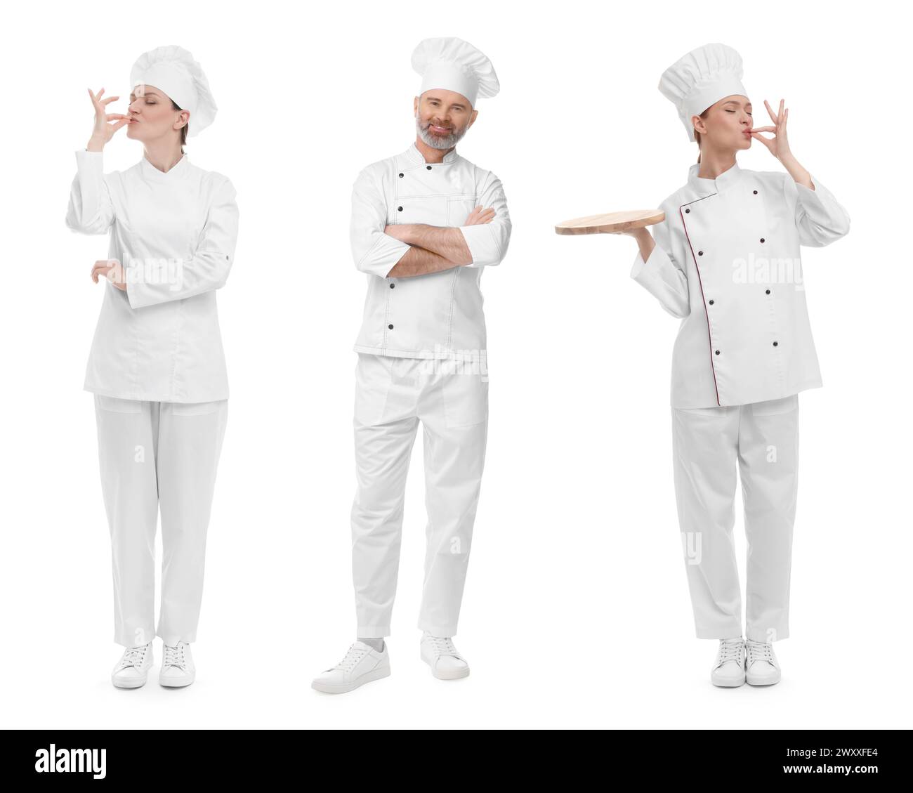 Chefs in uniforms on white background, set with photos Stock Photo - Alamy