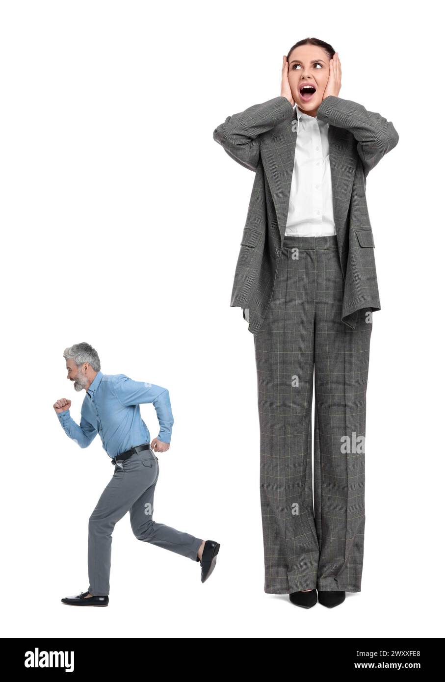 Small man running from shocked giant woman on white background Stock ...