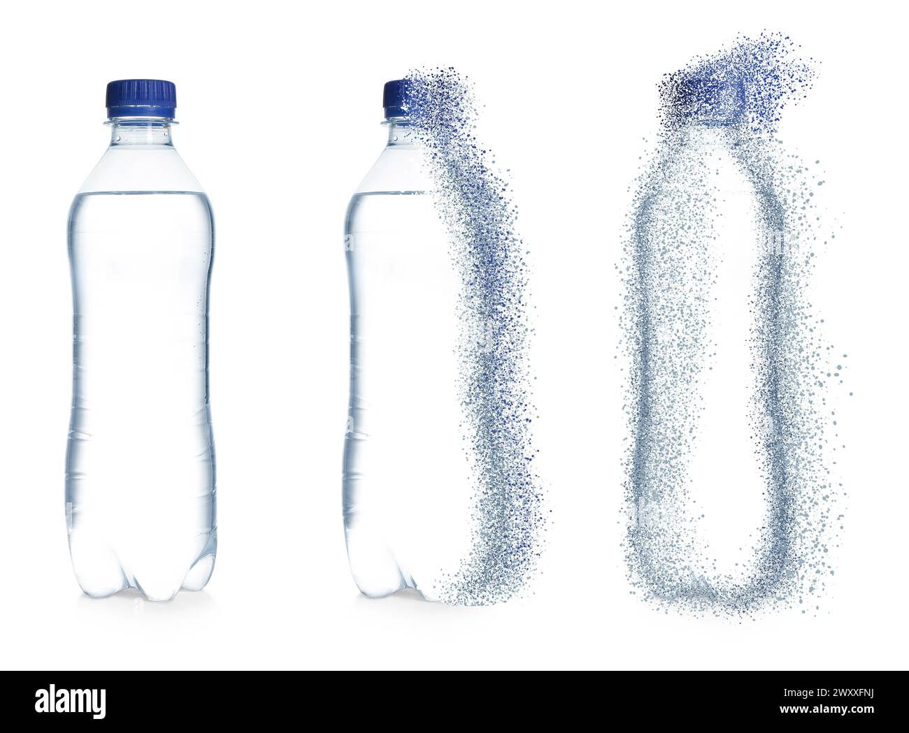 Bottle of water vanishing on white background, set. Plastic ...