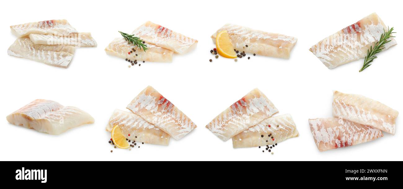 Pieces of raw cod fish isolated on white, set Stock Photo - Alamy