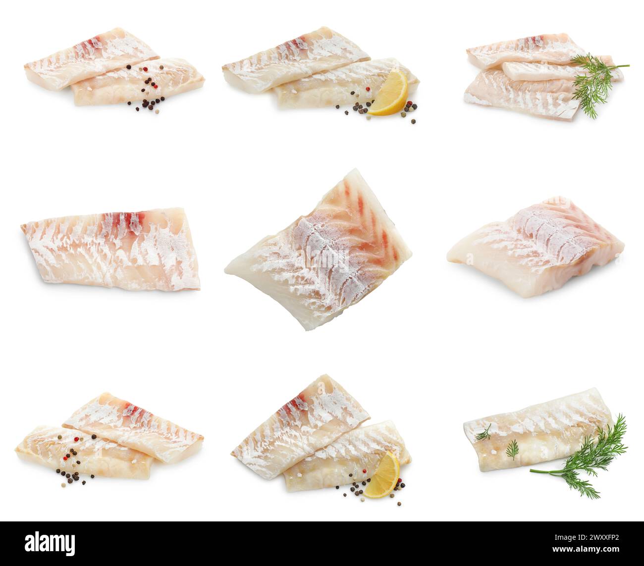 Pieces of raw cod fish isolated on white, set Stock Photo - Alamy
