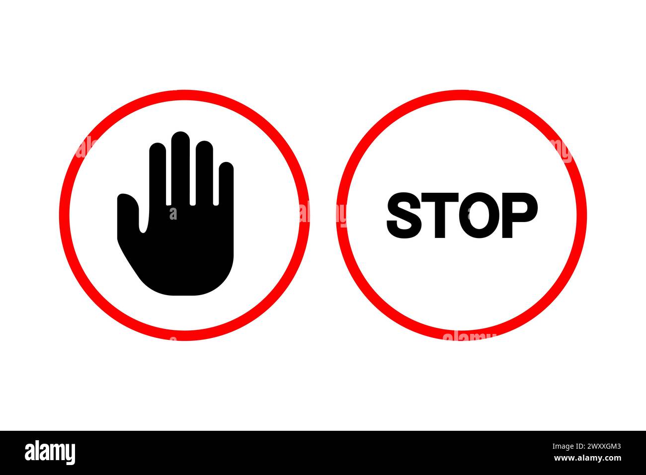 Pair of stop signs. Hand symbol and text warning. Prohibition and alert ...