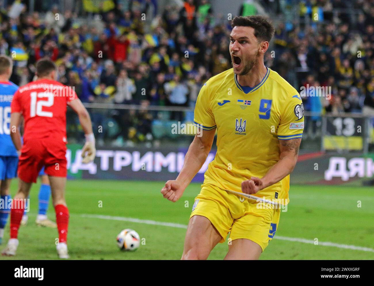Wroclaw, Poland - March 26, 2024: Roman Yaremchuk of Ukraine celebrates ...