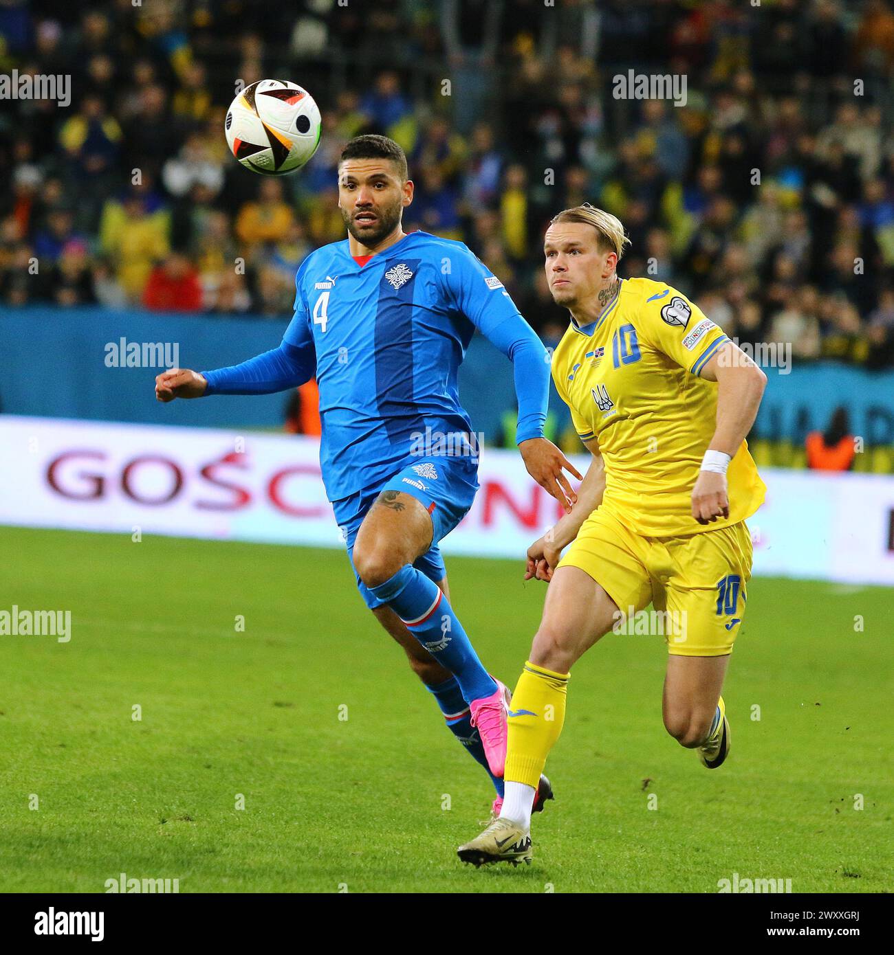 Wroclaw, Poland - March 26, 2024: Mykhailo Mudryk of Ukraine (R) fights ...
