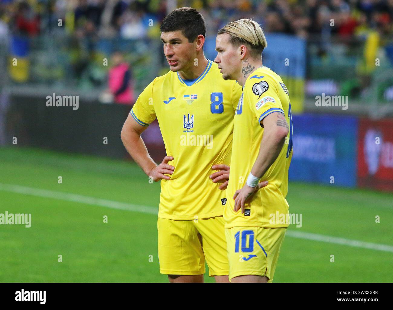 Wroclaw, Poland - March 26, 2024: Ruslan Malinovskyi (L) and Mykhailo ...