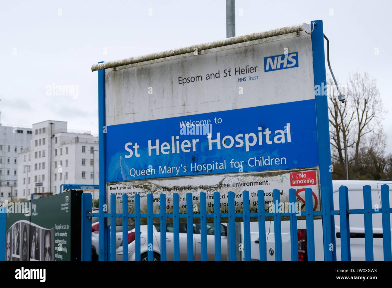 London, UK. A sign outside the St Helier Hospital and Queen Mary ...