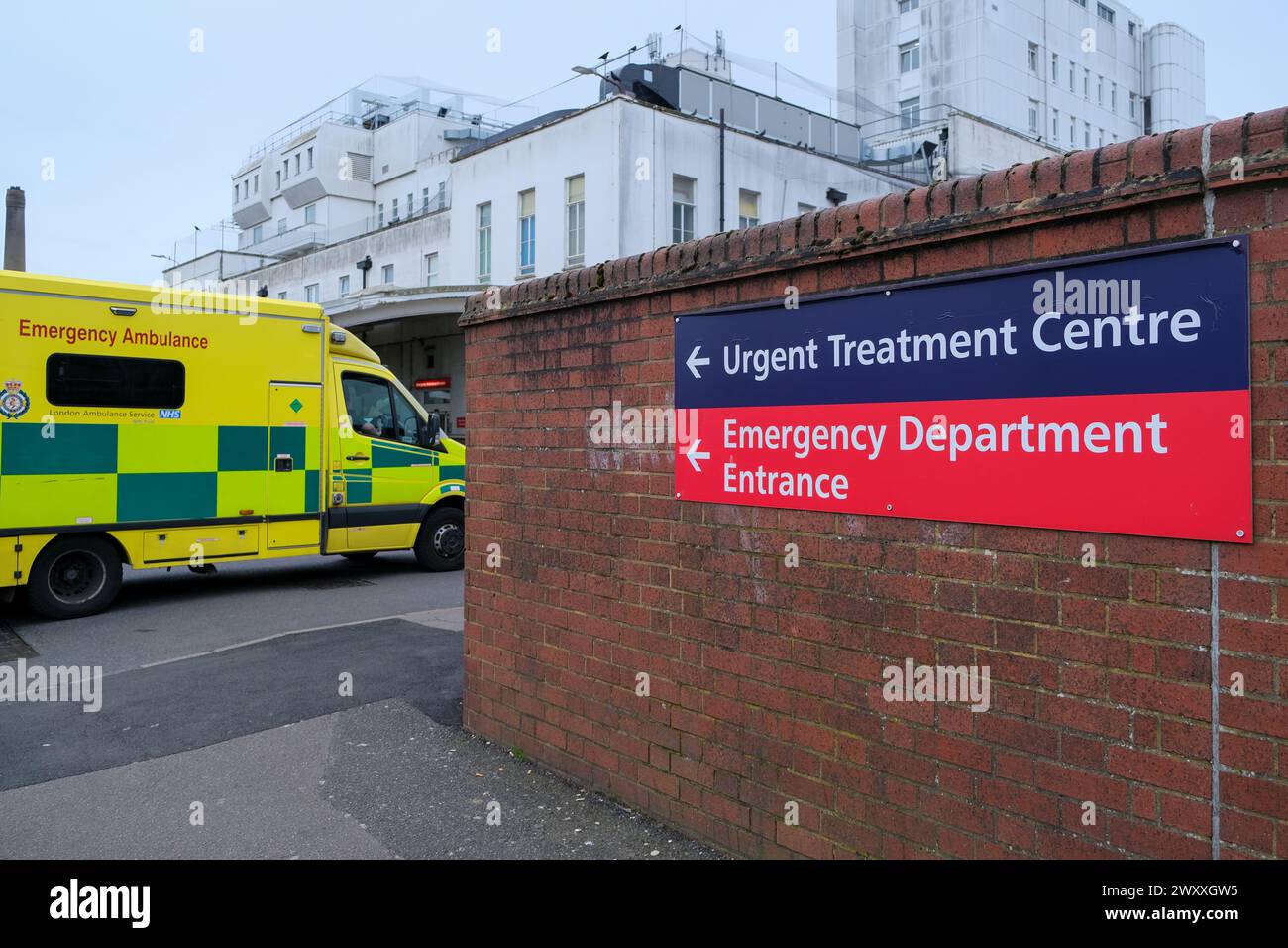 London, UK. A sign outside St Helier Hospital, for the Urgent Treatment ...