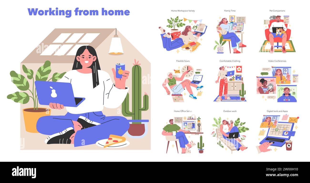 Working from Home set Modern remote work lifestyle showcased through ...