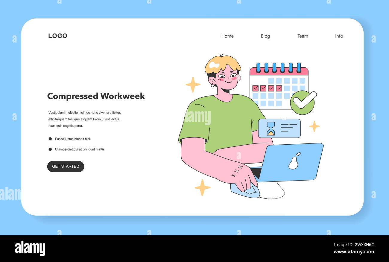 Contented employee with a laptop enjoys a compressed workweek, marking his calendar. Achieving ...