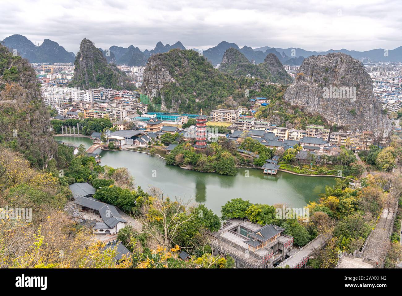 Scenic view of Mulong lake and Guilin city from top of Diecai Mountain ...