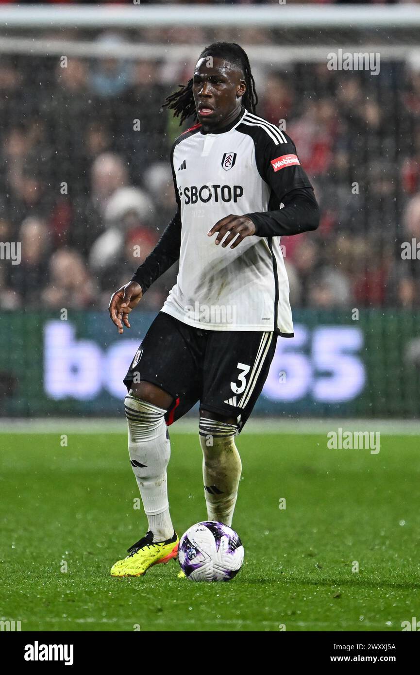 Calvin Bassey of Fulham makes a break with the ball during the Premier ...