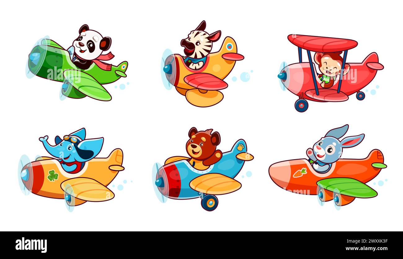 Cartoon cute baby animals characters on planes. Panda and zebra ...