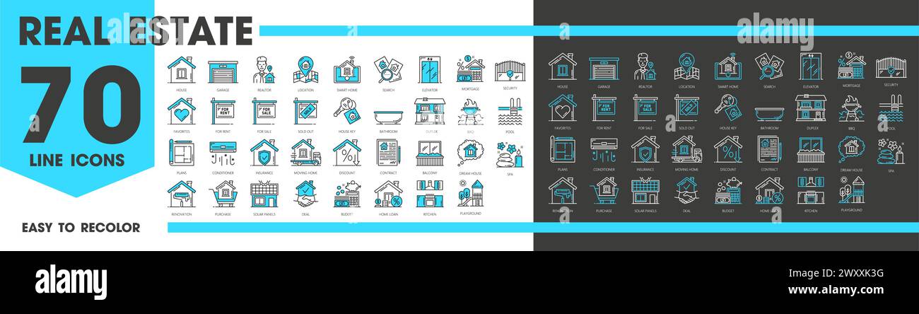 Real estate line icons, mortgage and rent or house apartment insurance ...