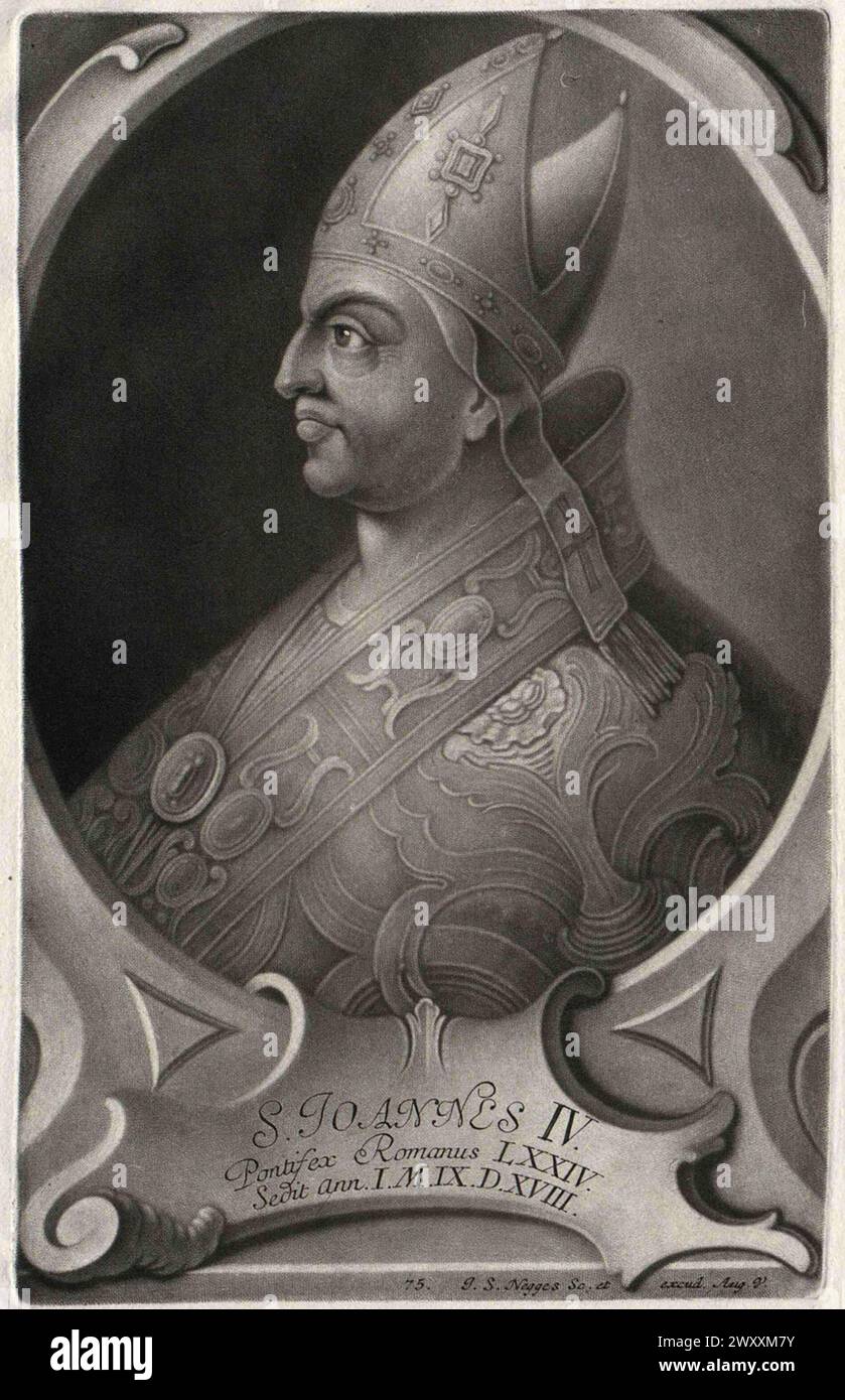 A 16th Century engraving of Pope John IV who was pontiff from AD640 to ...
