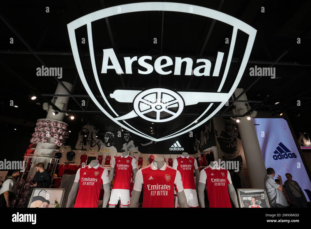 An Arsenal logo and team kit at Emirates Stadium, Saturday, Oct. 8 ...