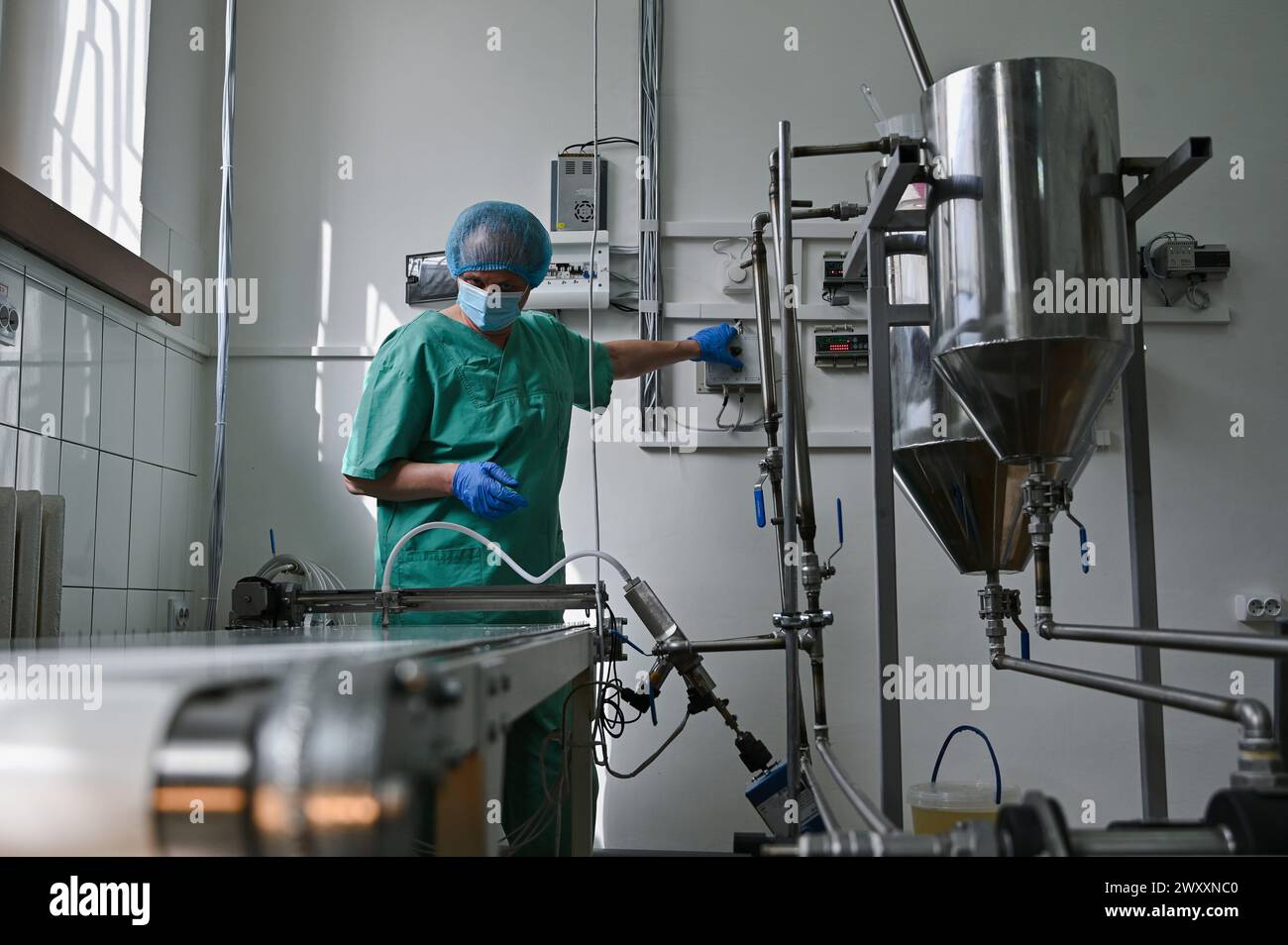 LVIV, UKRAINE - APRIL 02, 2024 - A chemist produces medicinal hydrogel dressings to speed up the ...