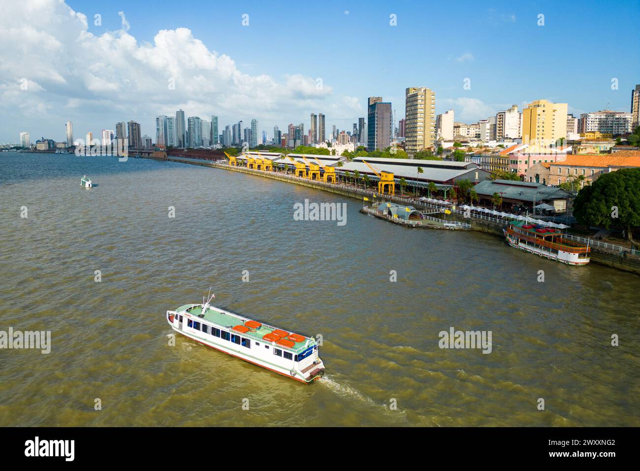 Aerial View of Docks Station and Belem City Skyline and Boat in River ...