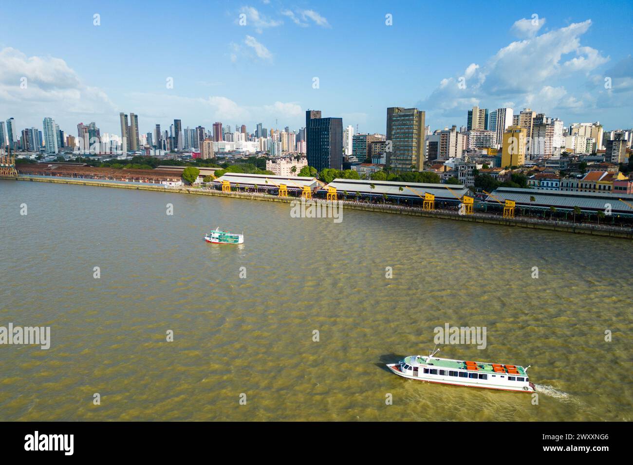 Aerial View of Docks Station and Belem City Skyline and Boat in River ...