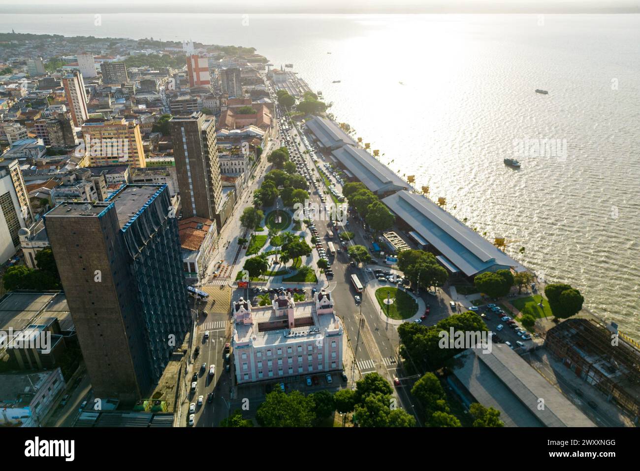 Aerial View of Docks Station and Waldemar Henrique Square in Belem City ...