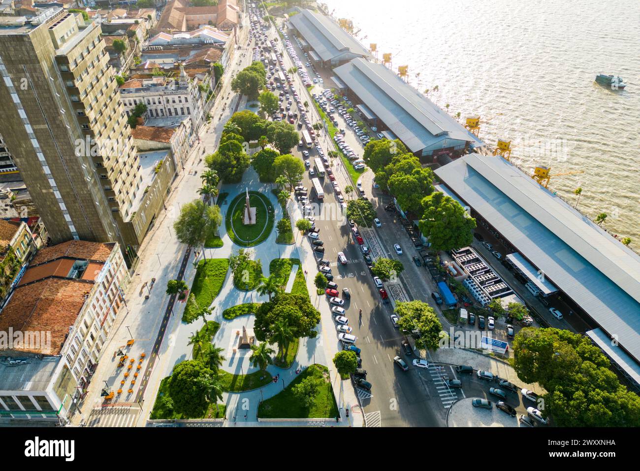 Aerial View of Docks Station and Waldemar Henrique Square in Belem City ...