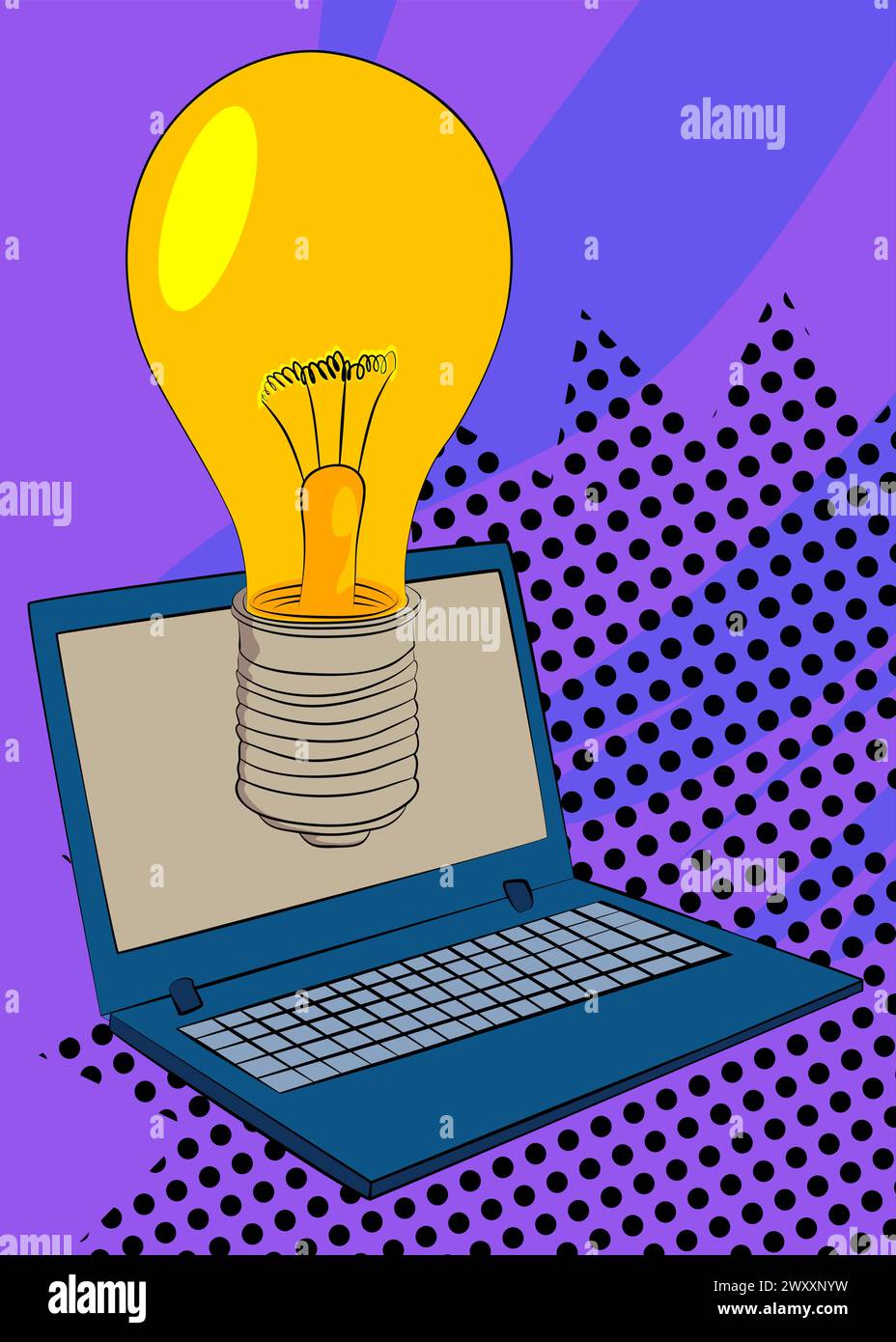 Cartoon Laptop, comic book Notebook with Light Bulb. Retro vector ...