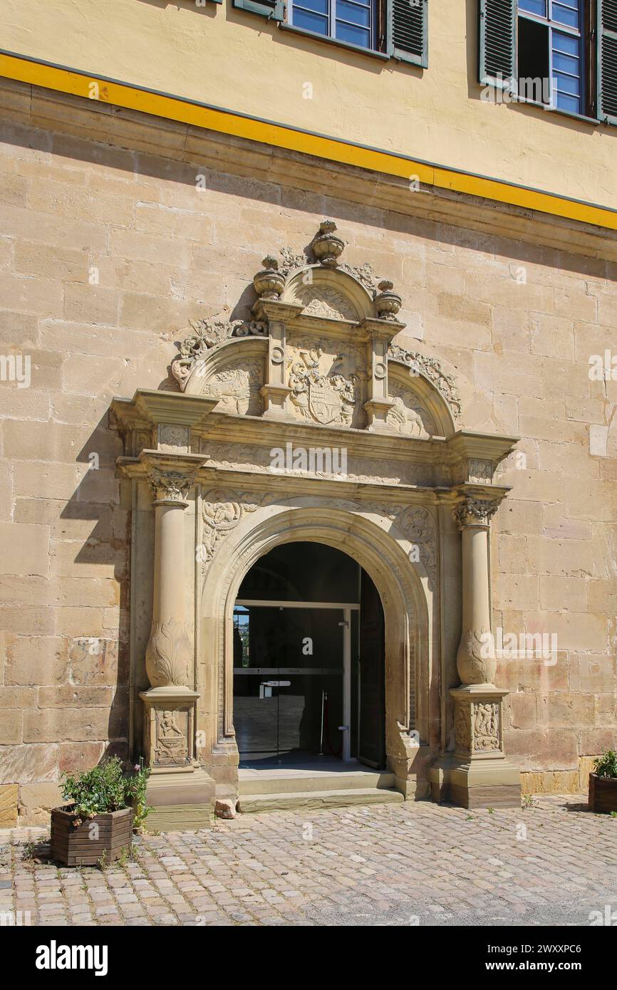 Portal, coat of arms, relief, stone wall, masonry, door, entrance, Hohentuebingen Castle, Museum ...