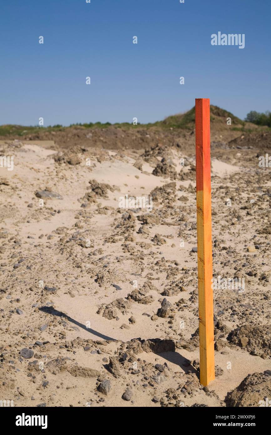 Red and orange painted wooden surveyor's stake or marker in sandy soil ...